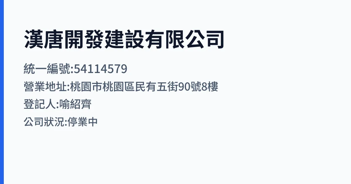 漢唐開發建設有限公司 - 統編 54114579(桃園市) 公司登記資料與營業項目詳細圖表