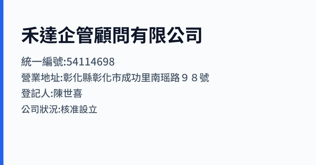 禾達企管顧問有限公司 - 統編 54114698(彰化縣) 公司登記資料與營業項目詳細圖表