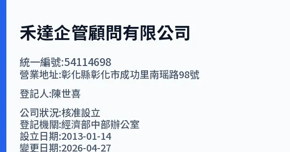 禾達企管顧問有限公司的照片-統編 54114698(彰化縣) 公司登記資料與營業項目詳細圖表