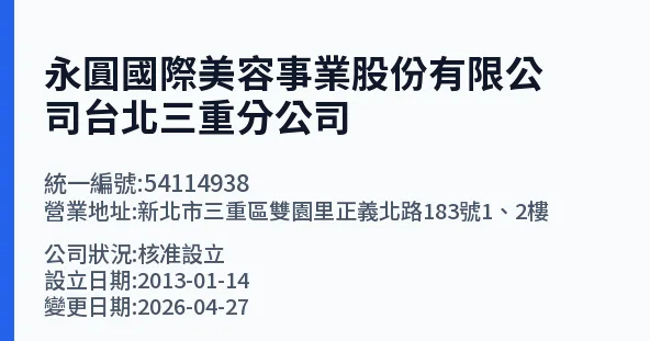 永圓國際美容事業股份有限公司台北三重分公司的照片-統編 54114938(新北市) 公司登記資料與營業項目詳細圖表