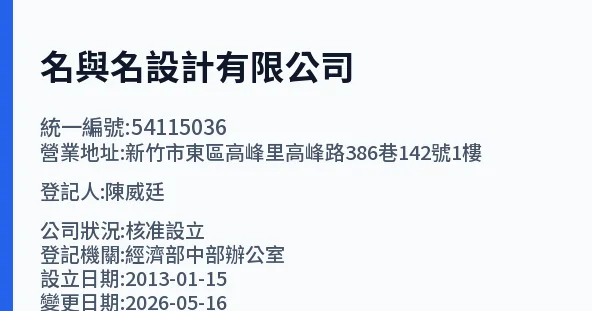 名與名設計有限公司的照片-統編 54115036(新竹市) 公司登記資料與營業項目詳細圖表