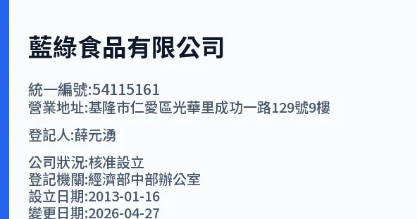 藍綠食品有限公司的照片-統編 54115161(基隆市) 公司登記資料與營業項目詳細圖表