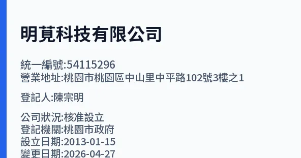 明莧科技有限公司的照片-統編 54115296(桃園市) 公司登記資料與營業項目詳細圖表