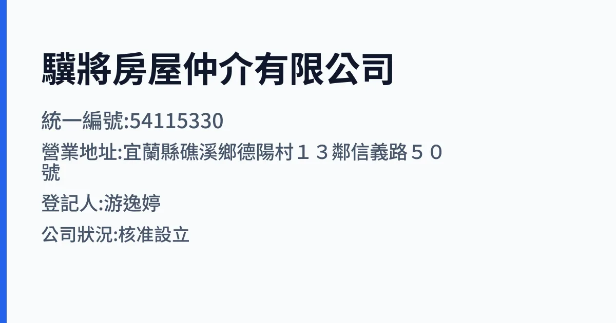 驥將房屋仲介有限公司 - 統編 54115330(宜蘭縣) 公司登記資料與營業項目詳細圖表