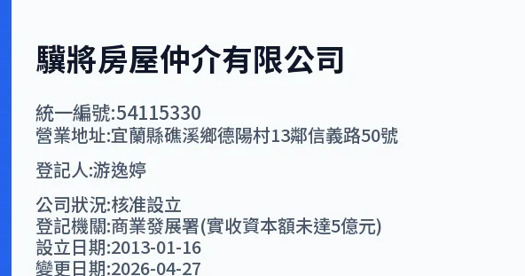 驥將房屋仲介有限公司的照片-統編 54115330(宜蘭縣) 公司登記資料與營業項目詳細圖表