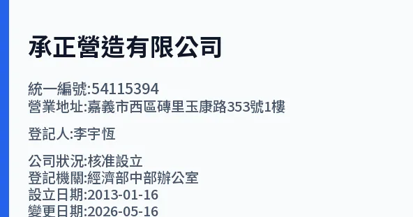 承正營造有限公司的照片-統編 54115394(嘉義市) 公司登記資料與營業項目詳細圖表