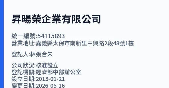 昇暘榮企業有限公司的照片-統編 54115893(嘉義縣) 公司登記資料與營業項目詳細圖表