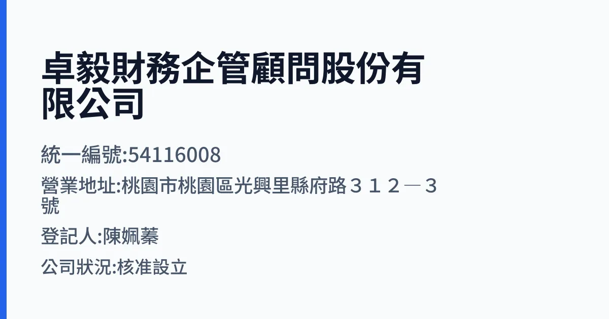 卓毅財務企管顧問股份有限公司 - 統編 54116008(桃園市) 公司登記資料與營業項目詳細圖表