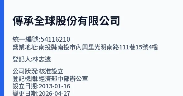 傳承全球股份有限公司的照片-統編 54116210(南投縣) 公司登記資料與營業項目詳細圖表