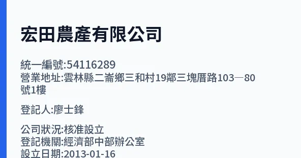 宏田農產有限公司的照片-統編 54116289(雲林縣) 公司登記資料與營業項目詳細圖表