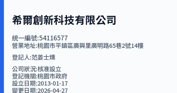 希爾創新科技有限公司的照片-統編 54116577(桃園市) 公司登記資料與營業項目詳細圖表