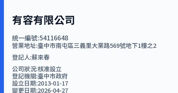 有容有限公司的照片-統編 54116648(臺中市) 公司登記資料與營業項目詳細圖表