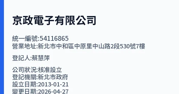 京政電子有限公司的照片-統編 54116865(新北市) 公司登記資料與營業項目詳細圖表