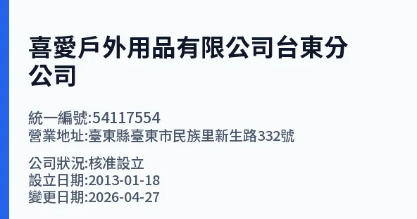 喜愛戶外用品有限公司台東分公司的照片-統編 54117554(臺東縣) 公司登記資料與營業項目詳細圖表