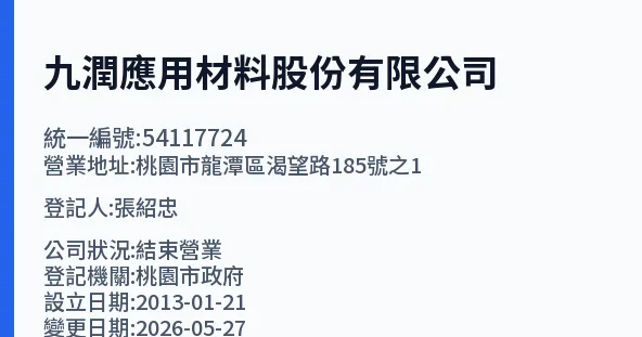 九潤應用材料股份有限公司的照片-統編 54117724(桃園市) 公司登記資料與營業項目詳細圖表