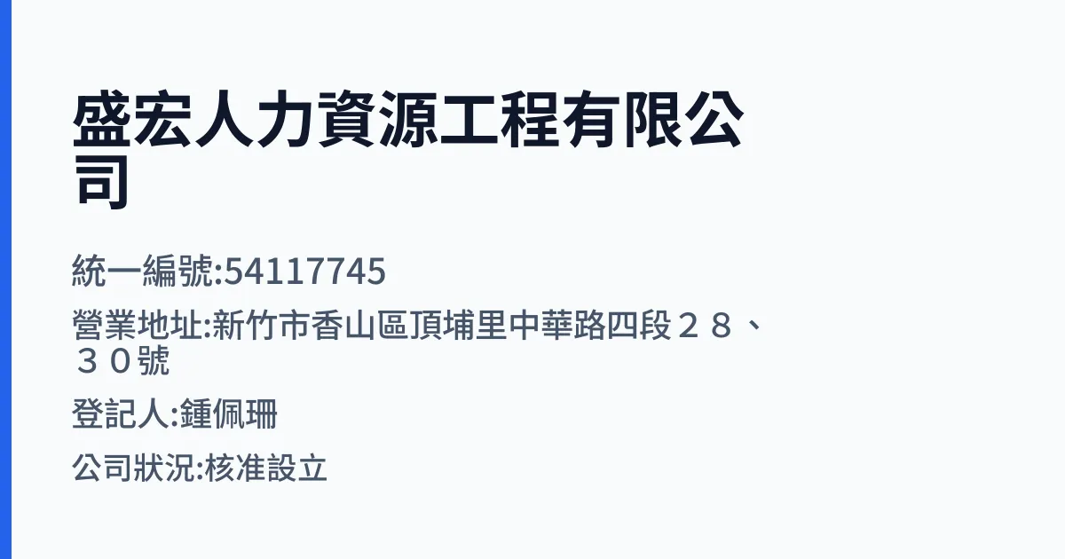 盛宏人力資源工程有限公司 - 統編 54117745(新竹市) 公司登記資料與營業項目詳細圖表