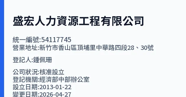 盛宏人力資源工程有限公司的照片-統編 54117745(新竹市) 公司登記資料與營業項目詳細圖表