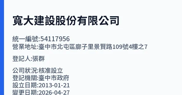 寬大建設股份有限公司的照片-統編 54117956(臺中市) 公司登記資料與營業項目詳細圖表