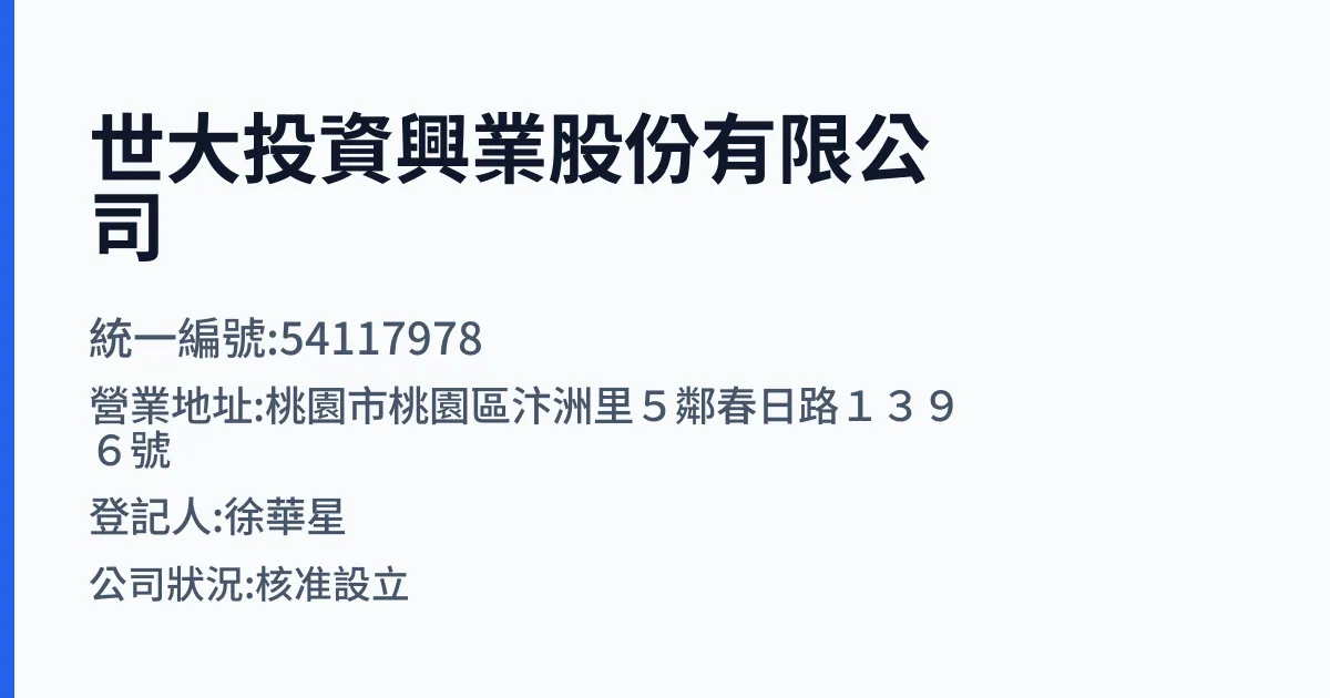 世大投資興業股份有限公司 - 統編 54117978(桃園市) 公司登記資料與營業項目詳細圖表