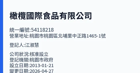 橄欖國際食品有限公司的照片-統編 54118218(桃園市) 公司登記資料與營業項目詳細圖表