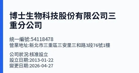 博士生物科技股份有限公司三重分公司的照片-統編 54118478(新北市) 公司登記資料與營業項目詳細圖表