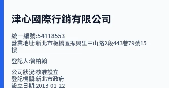 津心國際行銷有限公司的照片-統編 54118553(新北市) 公司登記資料與營業項目詳細圖表