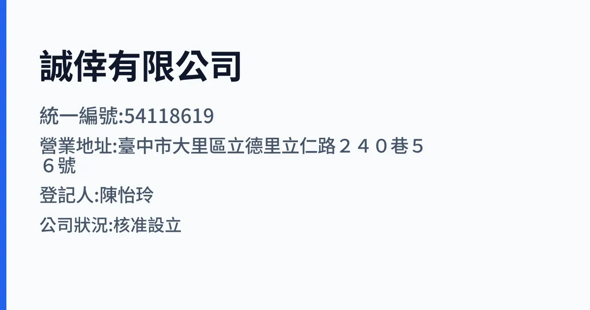 誠倖有限公司 - 統編 54118619(臺中市) 公司登記資料與營業項目詳細圖表