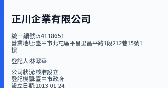 正川企業有限公司的照片-統編 54118651(臺中市) 公司登記資料與營業項目詳細圖表