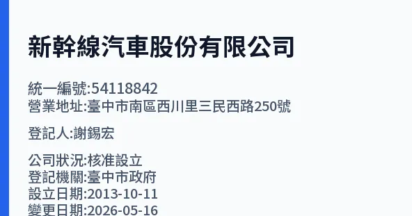 新幹線汽車股份有限公司的照片-統編 54118842(臺中市) 公司登記資料與營業項目詳細圖表