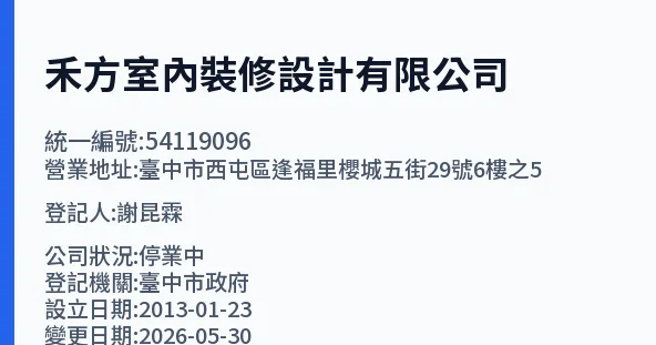 禾方室內裝修設計有限公司的照片-統編 54119096(臺中市) 公司登記資料與營業項目詳細圖表