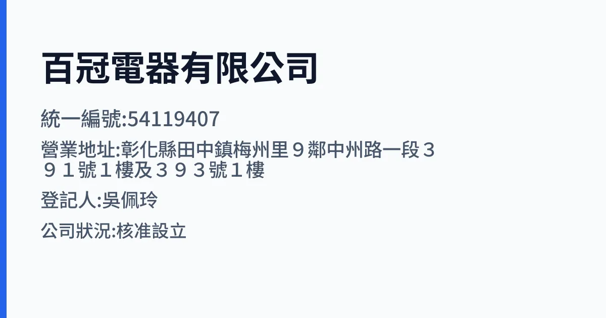 百冠電器有限公司 - 統編 54119407(彰化縣) 公司登記資料與營業項目詳細圖表
