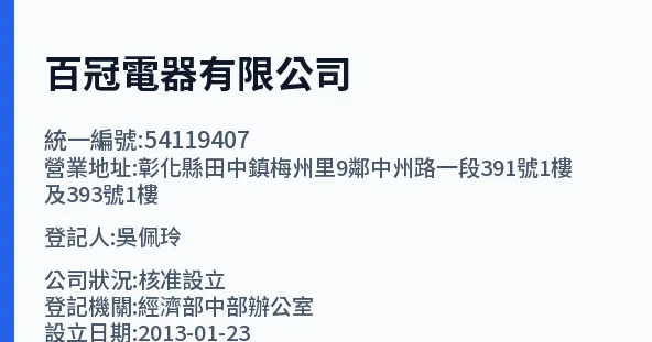 百冠電器有限公司的照片-統編 54119407(彰化縣) 公司登記資料與營業項目詳細圖表
