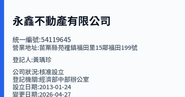 永鑫不動產有限公司的照片-統編 54119645(苗栗縣) 公司登記資料與營業項目詳細圖表