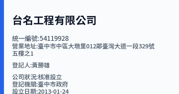 台名工程有限公司的照片-統編 54119928(臺中市) 公司登記資料與營業項目詳細圖表