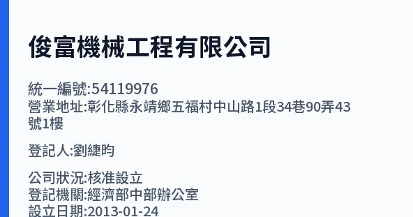 俊富機械工程有限公司的照片-統編 54119976(彰化縣) 公司登記資料與營業項目詳細圖表