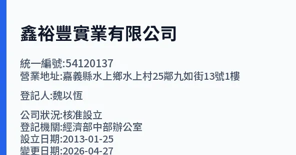 鑫裕豐實業有限公司的照片-統編 54120137(嘉義縣) 公司登記資料與營業項目詳細圖表