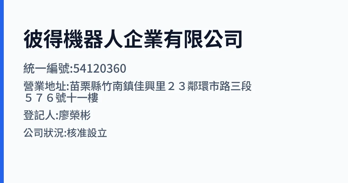 彼得機器人企業有限公司 - 統編 54120360(苗栗縣) 公司登記資料與營業項目詳細圖表