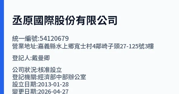 丞原國際股份有限公司的照片-統編 54120679(嘉義縣) 公司登記資料與營業項目詳細圖表