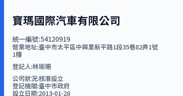 寶瑪國際汽車有限公司的照片-統編 54120919(臺中市) 公司登記資料與營業項目詳細圖表