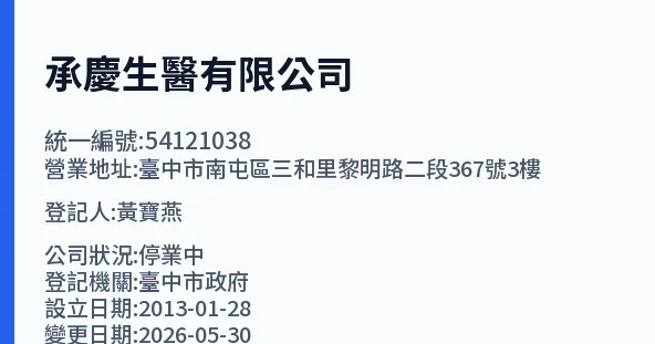 承慶生醫有限公司的照片-統編 54121038(臺中市) 公司登記資料與營業項目詳細圖表