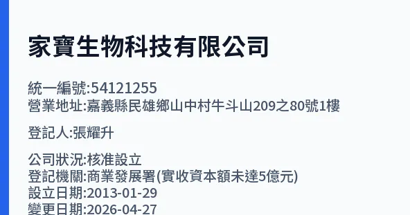 家寶生物科技有限公司的照片-統編 54121255(嘉義縣) 公司登記資料與營業項目詳細圖表