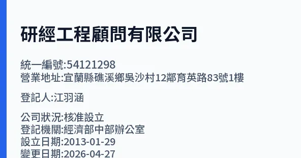 研經工程顧問有限公司的照片-統編 54121298(宜蘭縣) 公司登記資料與營業項目詳細圖表