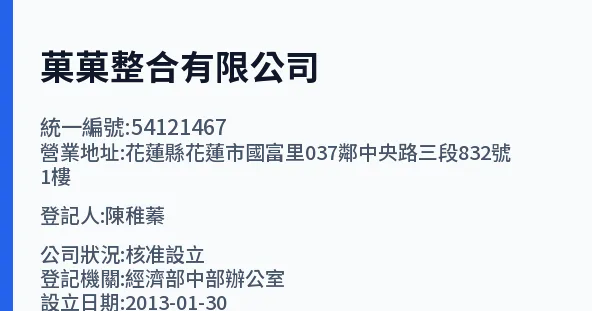 菓菓整合有限公司的照片-統編 54121467(花蓮縣) 公司登記資料與營業項目詳細圖表