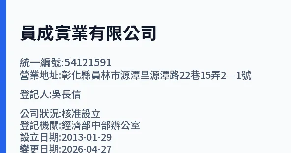 員成實業有限公司的照片-統編 54121591(彰化縣) 公司登記資料與營業項目詳細圖表