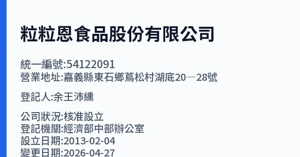 粒粒恩食品股份有限公司的照片-統編 54122091(嘉義縣) 公司登記資料與營業項目詳細圖表