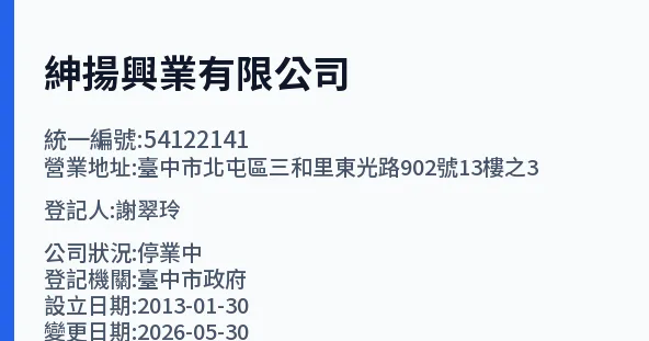 紳揚興業有限公司的照片-統編 54122141(臺中市) 公司登記資料與營業項目詳細圖表