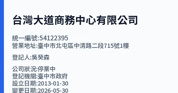 台灣大道商務中心有限公司的照片-統編 54122395(臺中市) 公司登記資料與營業項目詳細圖表