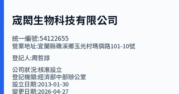 宬閎生物科技有限公司的照片-統編 54122655(宜蘭縣) 公司登記資料與營業項目詳細圖表