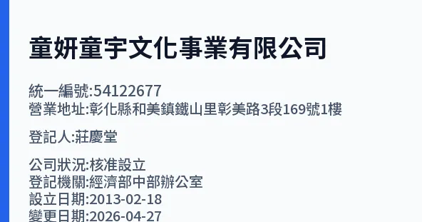 童妍童宇文化事業有限公司的照片-統編 54122677(彰化縣) 公司登記資料與營業項目詳細圖表