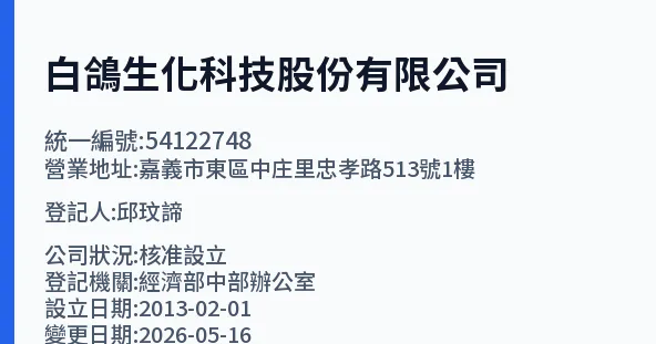 白鴿生化科技股份有限公司的照片-統編 54122748(嘉義市) 公司登記資料與營業項目詳細圖表